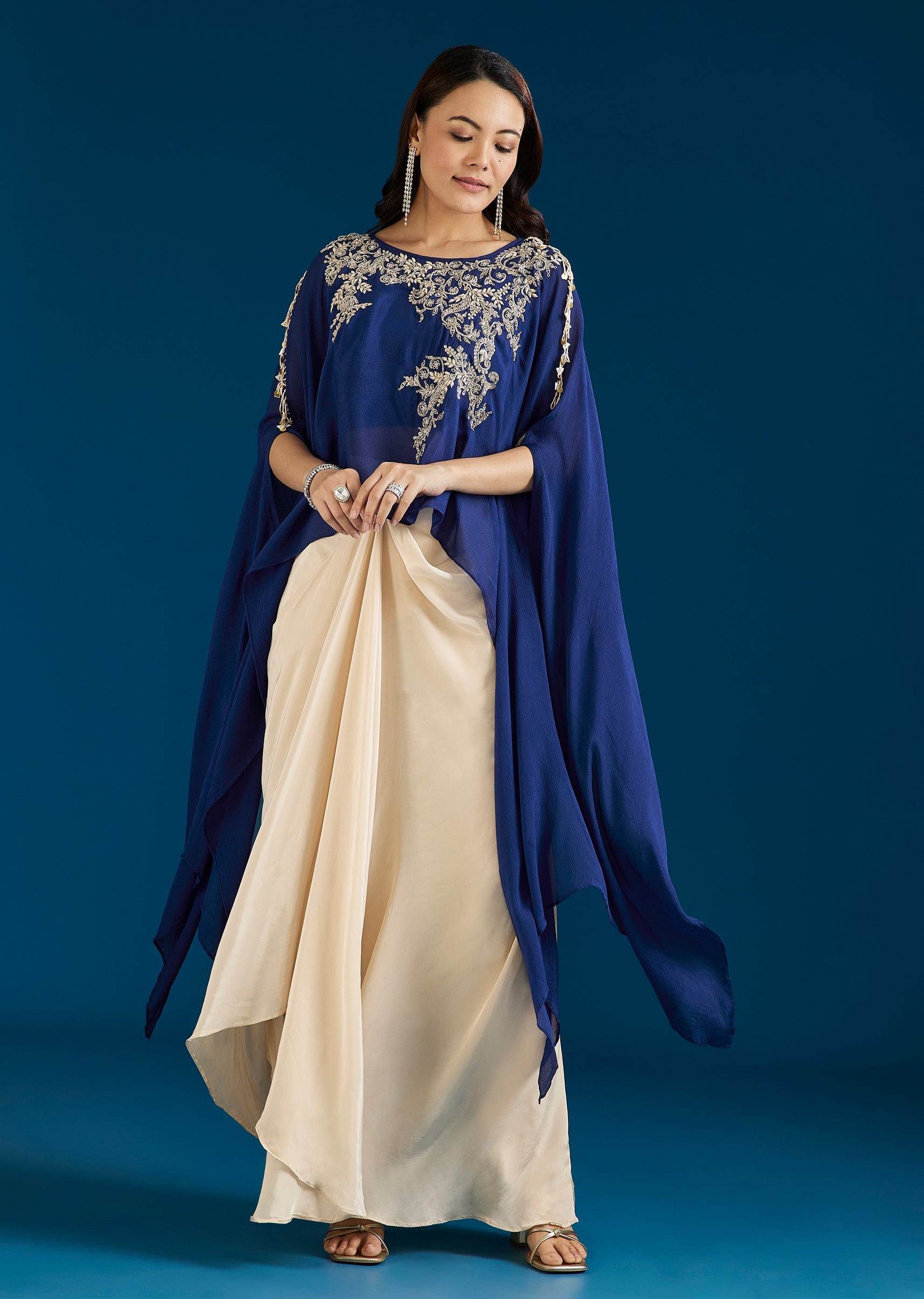 Buy Blue Cape Style Crop Top Drape Skirt Set | KALKI Fashion India