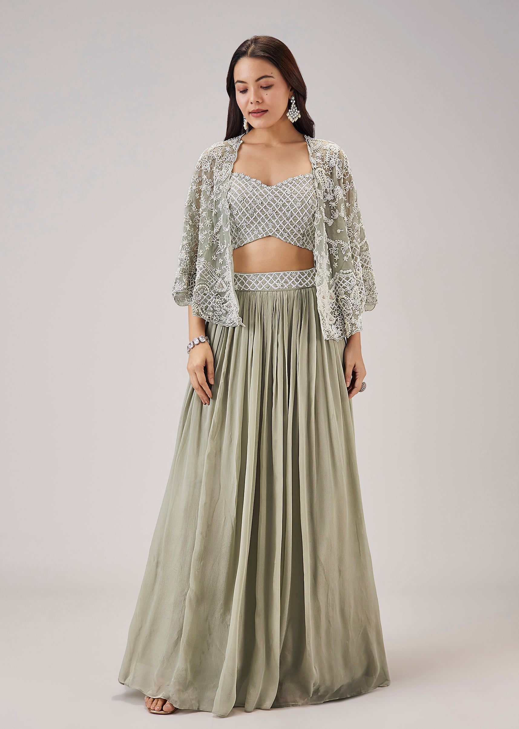 Buy Mint Green Moti And Cut Dana Work Cape Lehenga | KALKI Fashion India