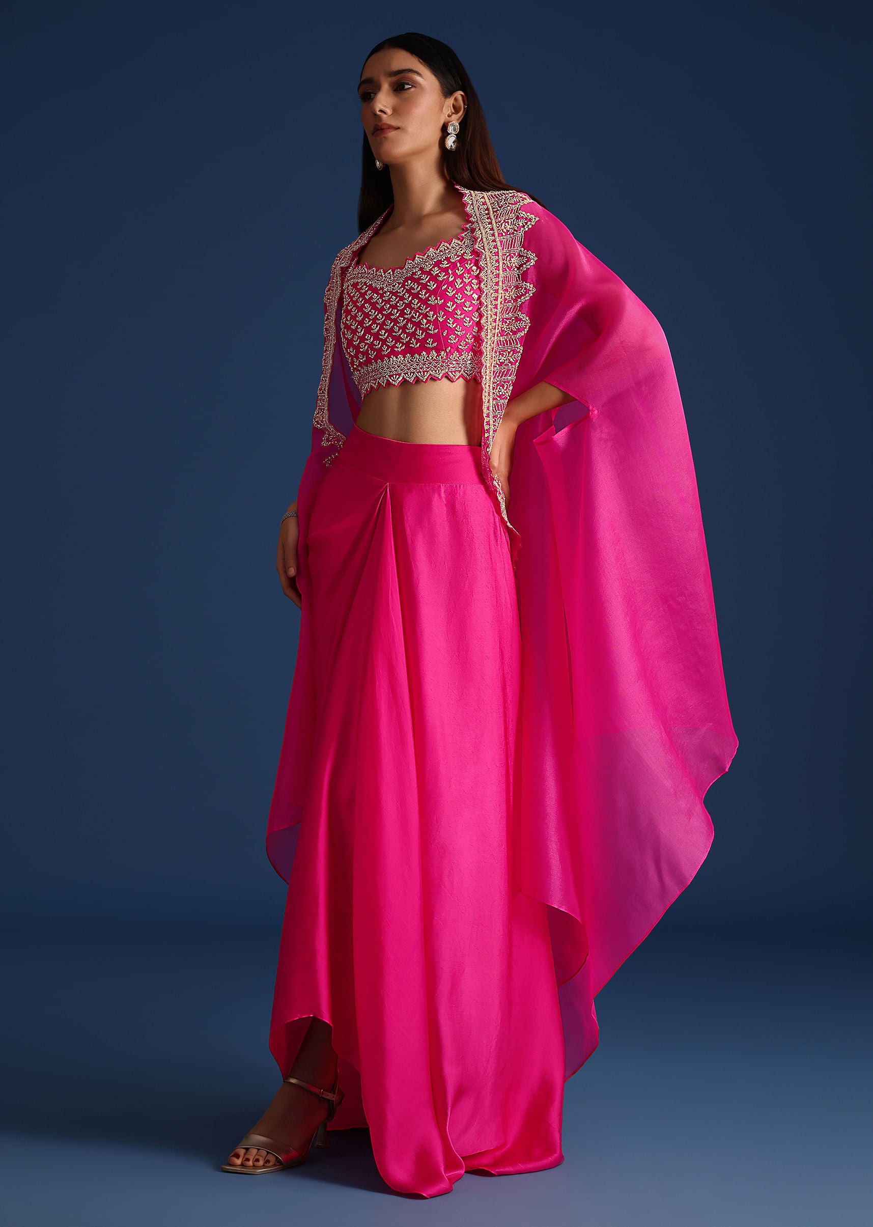 Buy Pink Cutdana Embroidered Crop Top With Jacket And Skirt| KALKI ...