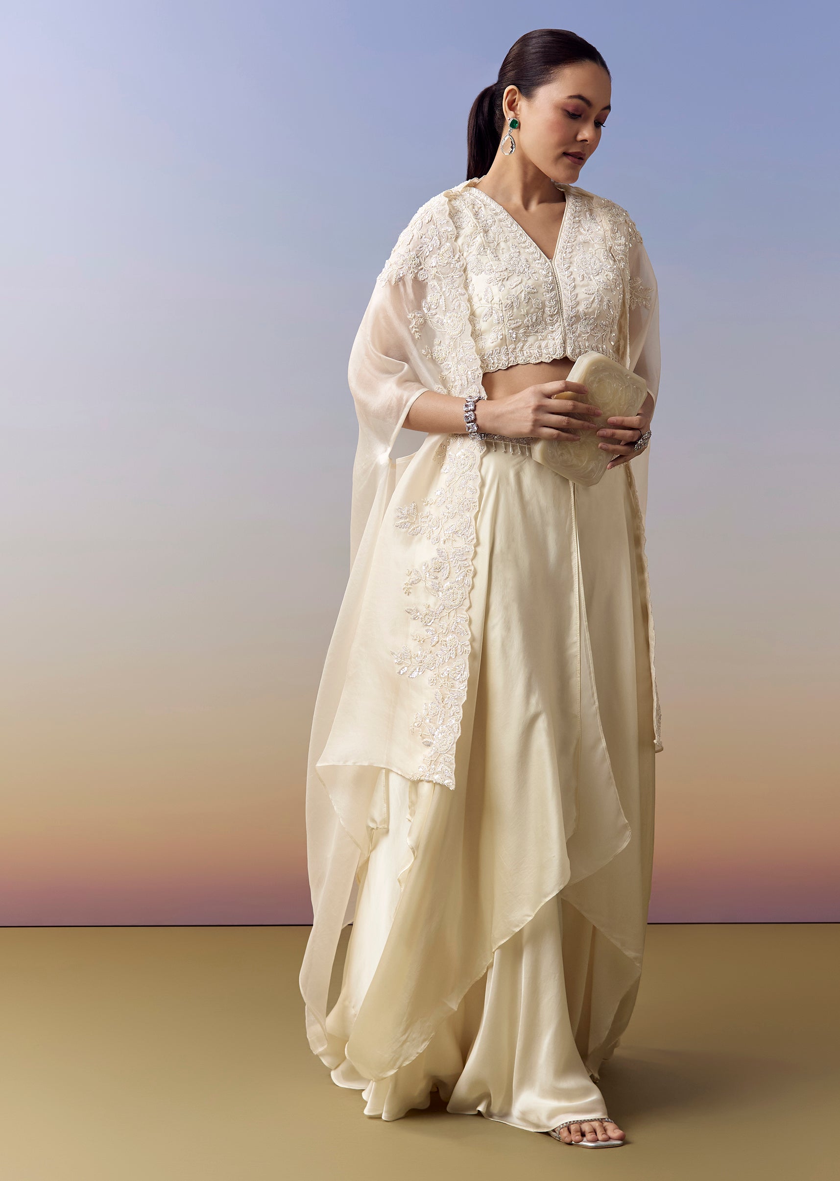 Buy White Indo Western Crop Top Skirt Set With Moti Work And Cape ...